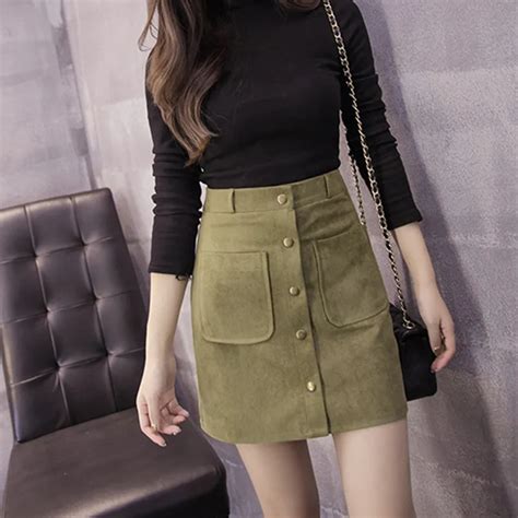 Women Skirts Sexy Faux Suede Skirts Vintage A Line High Waist Bodycon Button Short Mini Female