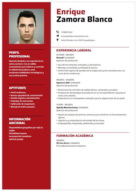 Modelo de curriculum de operario de producción ejemplos 2025