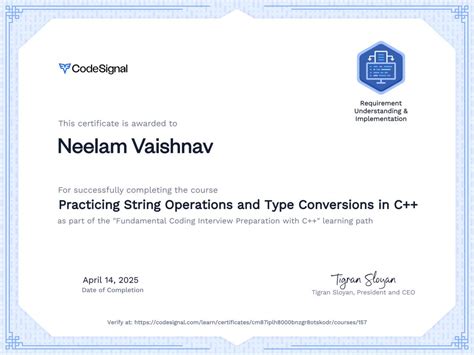 Course Certificate For Practicing String Operations And Type Conversions… Neelam Vaishnav