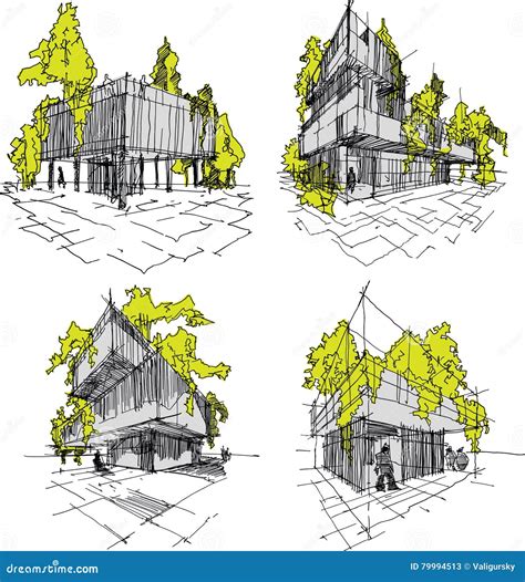 Four Sketches Of Abstract Modern Architecture With Green And Trees Cartoon Vector