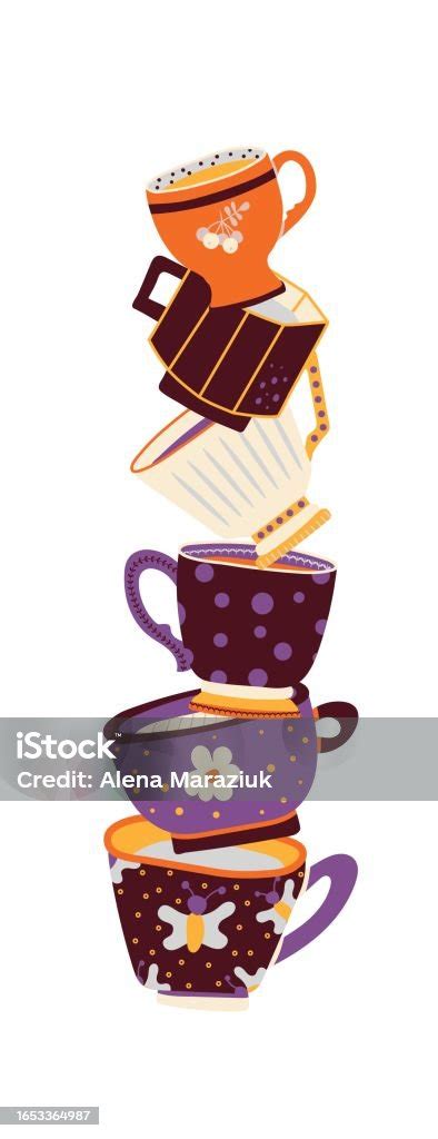 다른 패턴을 가진 멀티 컬러 컵 세트입니다 차 커피 음료 인테리어 배너입니다 세기 중반 손으로 그렸습니다 벡터 그림입니다 꽃 식물에 대한 스톡 벡터 아트 및 기타 이미지