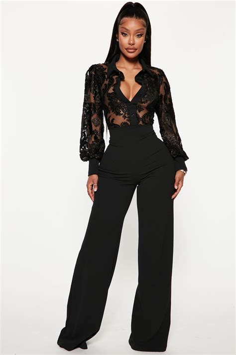 Touch Of Lace Jumpsuit Black Fashion Nova