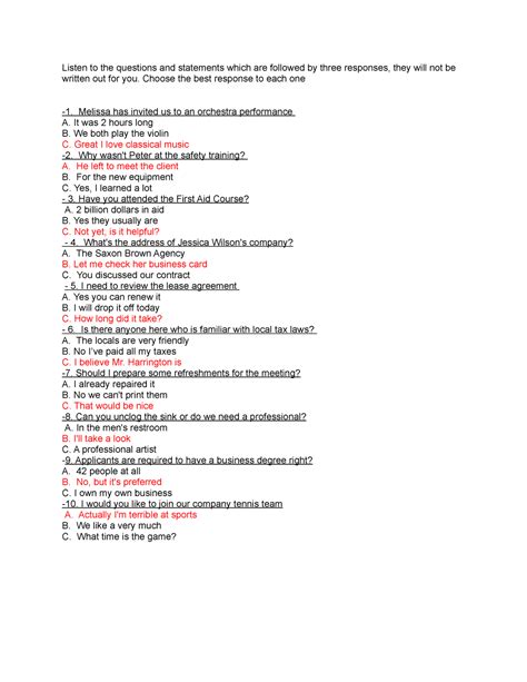 Listening Toeic 5 cô Diên Anh Listen to the questions and statements which are followed by