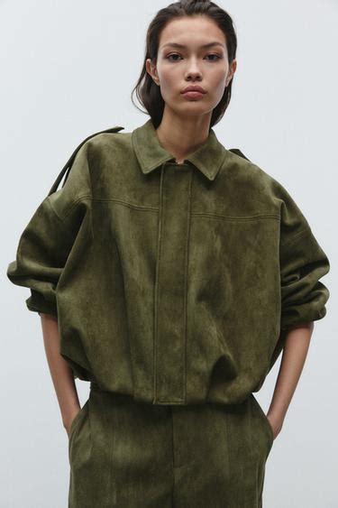 Blouson Bomber Effet Daim Vert Kaki Moyen Zara France