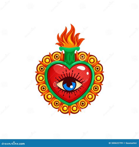 Mexican Sacred Heart With Eye And Burning Flames Stock Illustration
