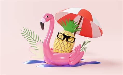 비치 파라솔과 파인애플이 있는 풍선 플라밍고 분홍색 배경에 격리된 선글라스 개념 3d 그림 또는 3d 렌더링 3차원 형태에 대한