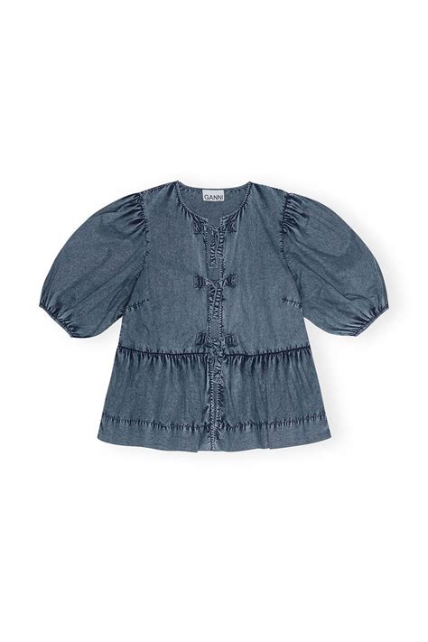 Sky Captain Blue Cotton Poplin Peplum Tie Blouse Ganni