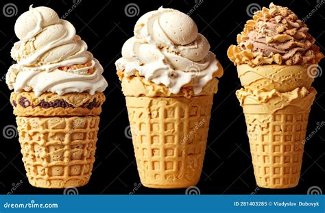 Tres Helados De Fondo Negro Helado En Un Cono De Gofre Stock De