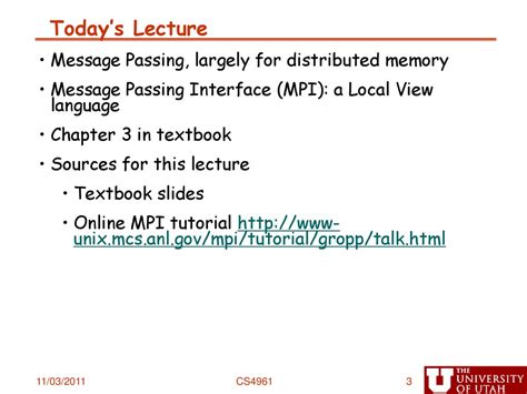 Cs4961 Parallel Programming Lecture 16 Introduction To Message Passing