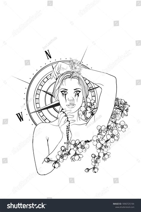 Vektor Stok Sexy Compas Girl Outline Drawing Tanpa Royalti 1890725194