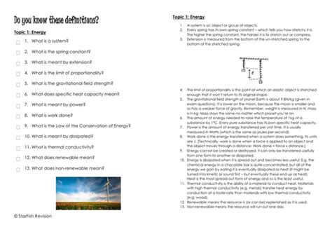 Aqa Gcse 9 1 Physics Revise Your Definitions Topic 1 Energy Teaching Resources