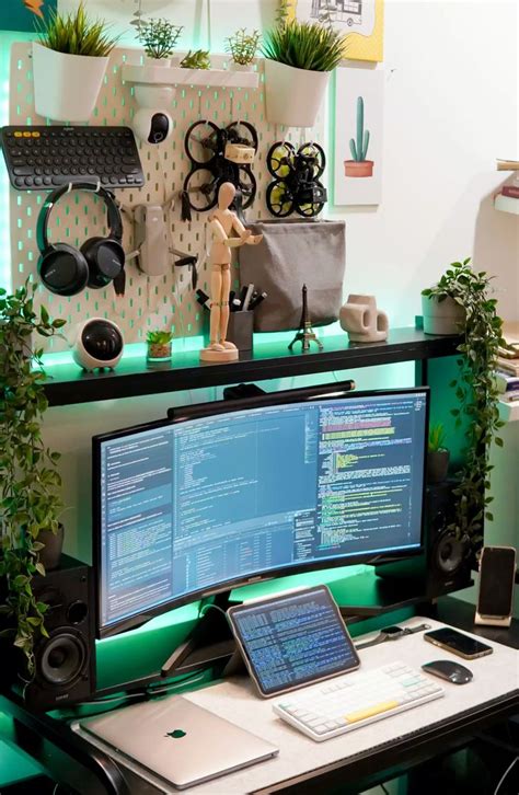 Modern Coding Workspace For Tech Enthusiasts With Curved Monitor