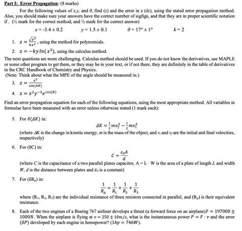Solved Part I Error Propagation Marks For The Chegg Com