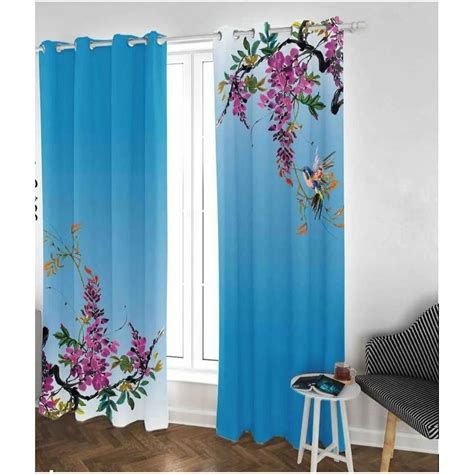Blue Base Floral Printed Polyester Window Curtains Size 7x4 Feet
