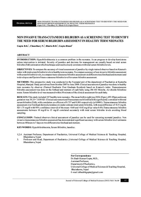 Pdf Non Invasive Trans Cutaneous Bilirubin As A Screening Test To Identify The Need For Serum