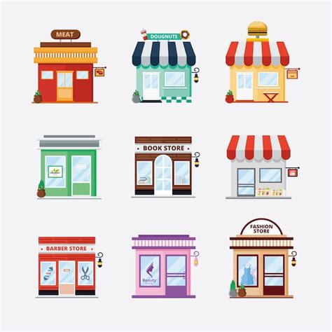 Tienda Edificio Conjunto Diseño Plano Vector Premium