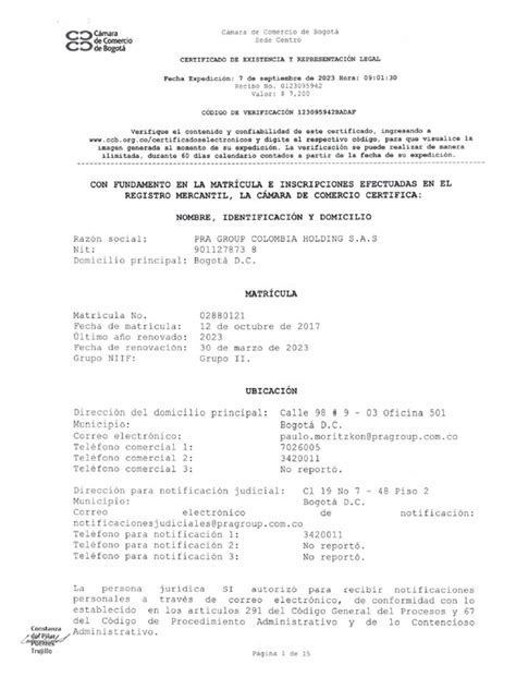 Certificado De Existencia Y Representación Legal Septiembre 2023 Pdf