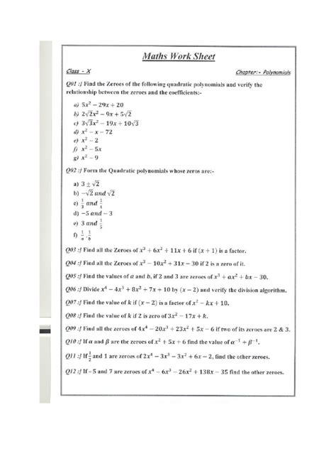 Cbse Class 10 Maths Worksheet Polynomials Pdf