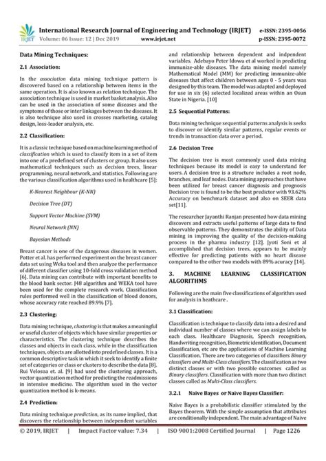 Irjet Machine Learning Classification Algorithms For Predictive Analysis In Healthcare Pdf