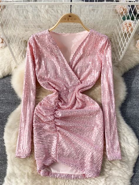 Bodycon Elbise Kad Nlar Seksi V Yaka Uzun Kollu Pileli Pullu Elbiseler Bahar Sonbahar Club Om