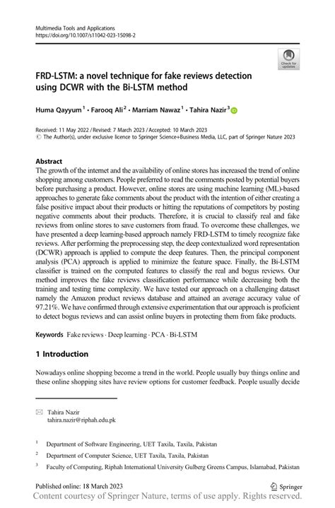 Pdf Frd Lstm A Novel Technique For Fake Reviews Detection Using Dcwr