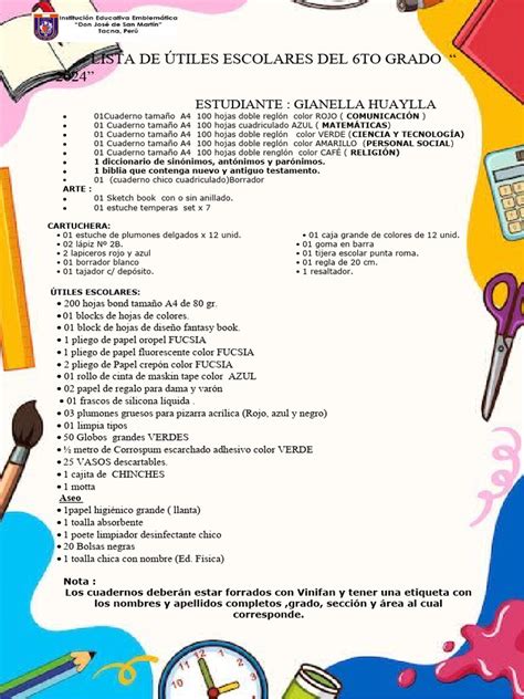 Lista De Útiles Escolares Del 6to Grado Descargar Gratis Pdf Arco