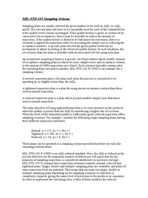 Mil Std 105 Sampling Scheme Pdf Sampling Statistics Business