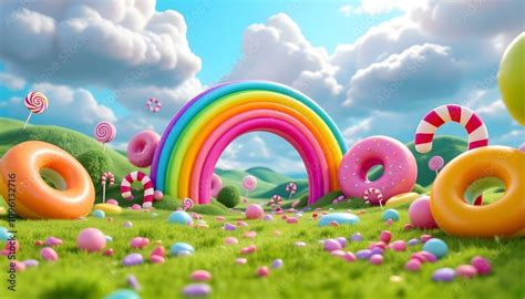 Candyland Background With Rainbow Candy House And Lollipops On The