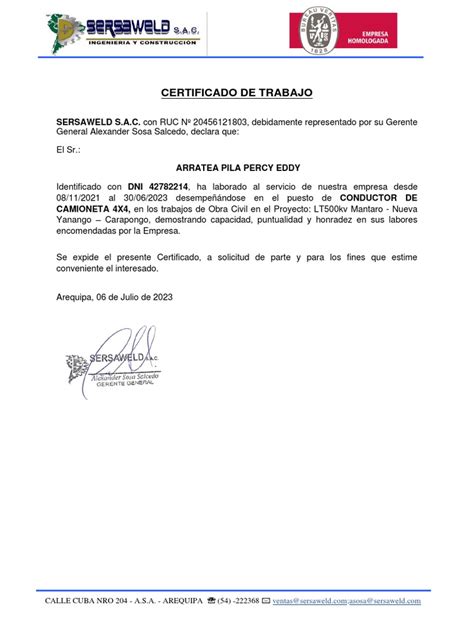 Certificado De Trabajo Pdf