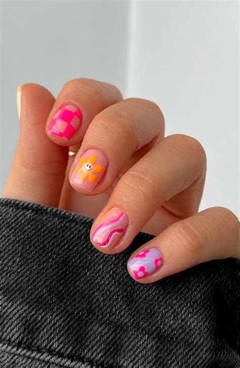 50 Cute Summer Nail Designs Orange Flower Pink Checker Board