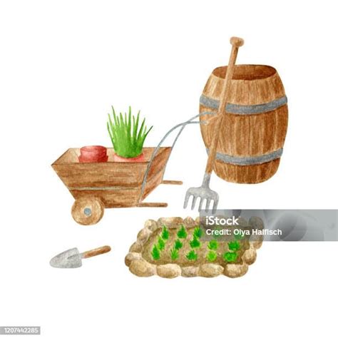수채화 귀여운 원예 일러스트 식물 정원 침대 모종과 꽃 냄비에 허브손으로 그린 나무 캐스칸 수레 흰색에 고립 갈퀴 봄 여름