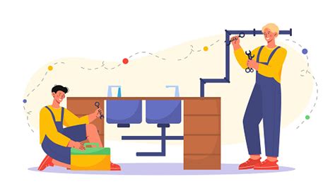 배관 작업 개념입니다 화장실에서 렌치를 들고 있는 제복을 입은 남자들 수리공과 배관공은 파이프를 수리합니다 아파트에서 집안일과 수리 만화 벡터 일러스트 레이 션 관 튜브에