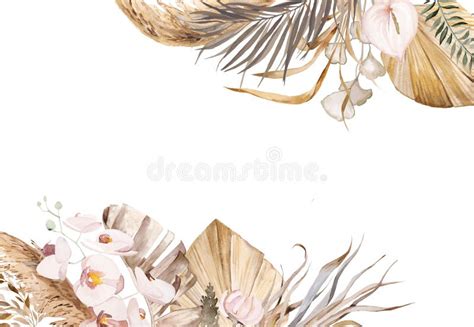 Watercolor Bohemian Bouquet With Feathers Dried Leaves And Tropical