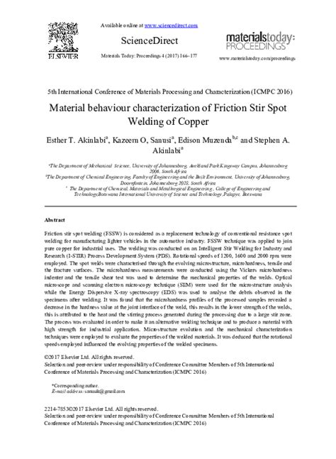 Pdf Material Behaviour Characterization Of Friction Stir Spot Welding Of Copper