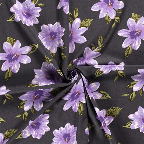 Viskoze ar linu Violeti ziedi uz pelēka fona gr m² EK Audumi