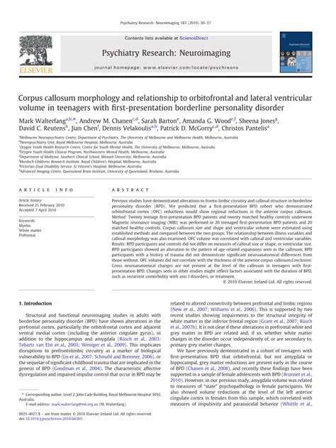 Pdf Corpus Callosum Morphology And Relationship To Orbitofrontal And