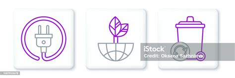 Set Garis Recycle Bin Dengan Simbol Daur Ulang Steker Listrik Dan Globe