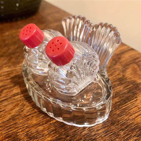 Vintage Glass Salt And Pepper Shakers In Holder Mid Century Kitchen