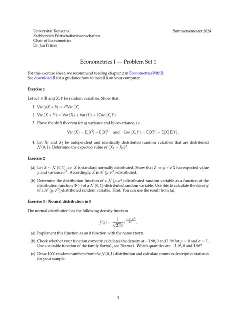 Econometrics I Problem Set 1 Econometricswithr Download R Pdf Variance Normal Distribution