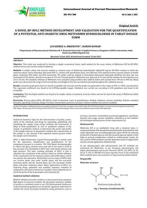 Pdf A Novel Rp Hplc Method Development And Validation For The