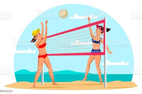 비치 발리볼 플랫 일러스트를 연주하는 여자 스포츠웨어 만화 캐릭터의 프로 선수 팀 훈련 연습 친선 대회 대회 여름 스포츠 활동 레크리에이션 게에 대한 스톡 벡터 아트 및