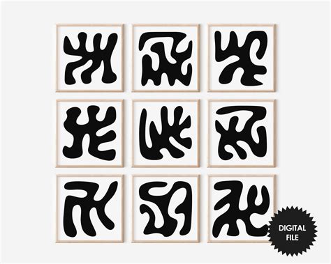 Printable Wiggle Blob Abstract Art Set Of 9 Bundle Print Set Black And White Wall Art Digital