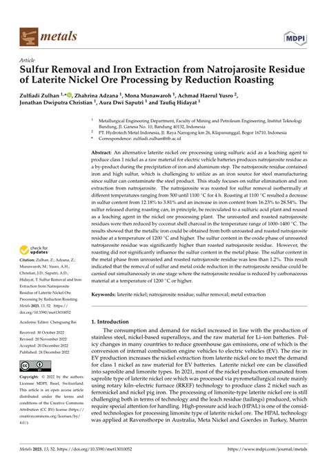 Pdf Sulfur Removal And Iron Extraction From Natrojarosite Residue Of Laterite Nickel Ore