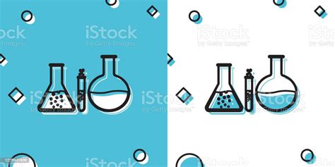 검은 색 테스트 튜브와 플라스크 파란색과 흰색 배경에 격리 화학 실험실 테스트 아이콘 실험실 유리 표지판 임의 동적 셰이프 벡터
