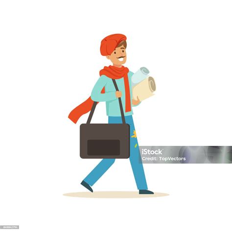 남성 화가 아티스트 캐릭터 착용 빨간 베 레모 경우 종이 함께 산책 롤 및 서류 가방 벡터 일러스트 레이 션 미소 걷기에 대한
