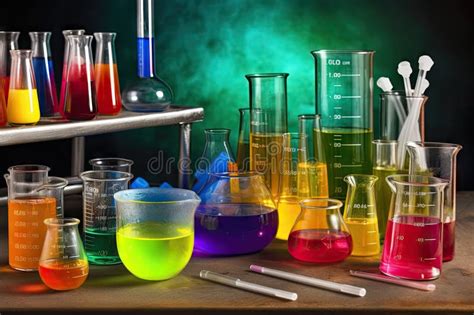 Science Lab With Beakers Flasks And Test Tubes Filled With Colorful