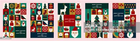 컬렉션 트렌디한 바우하우스 스타일의 크리스마스와 새해를 위한 5개의 다채로운 축하 세로 카드 또는 포스터 기하학적 모양으로 양식화 된 축제 기호 초대장 표지 광고지 12월에