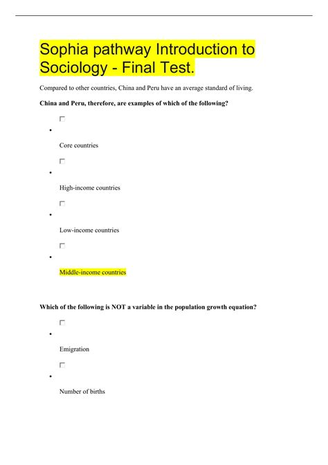 Sophia Pathway Introduction To Sociology Final Test Questions