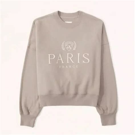 Abercrombie And Fitch Paris Embroidered Sunday Crew Sweater Taupe Cream