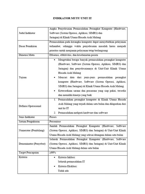 Indikator Mutu Unit It Pdf